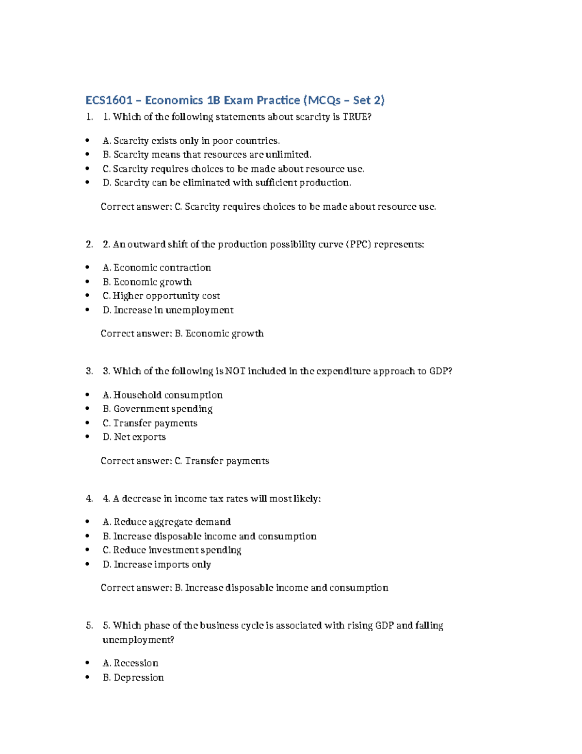 ECS1601 Economics 1B Exam Practice: 20 MCQs Set 2 - Studocu