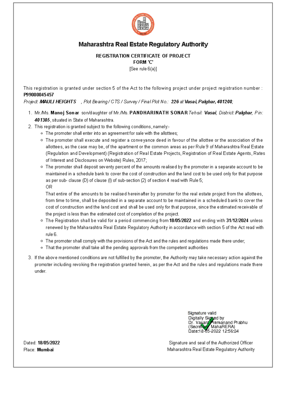 Maharashtra Real Estate Project Registration Certificate: Mauli Heights ...