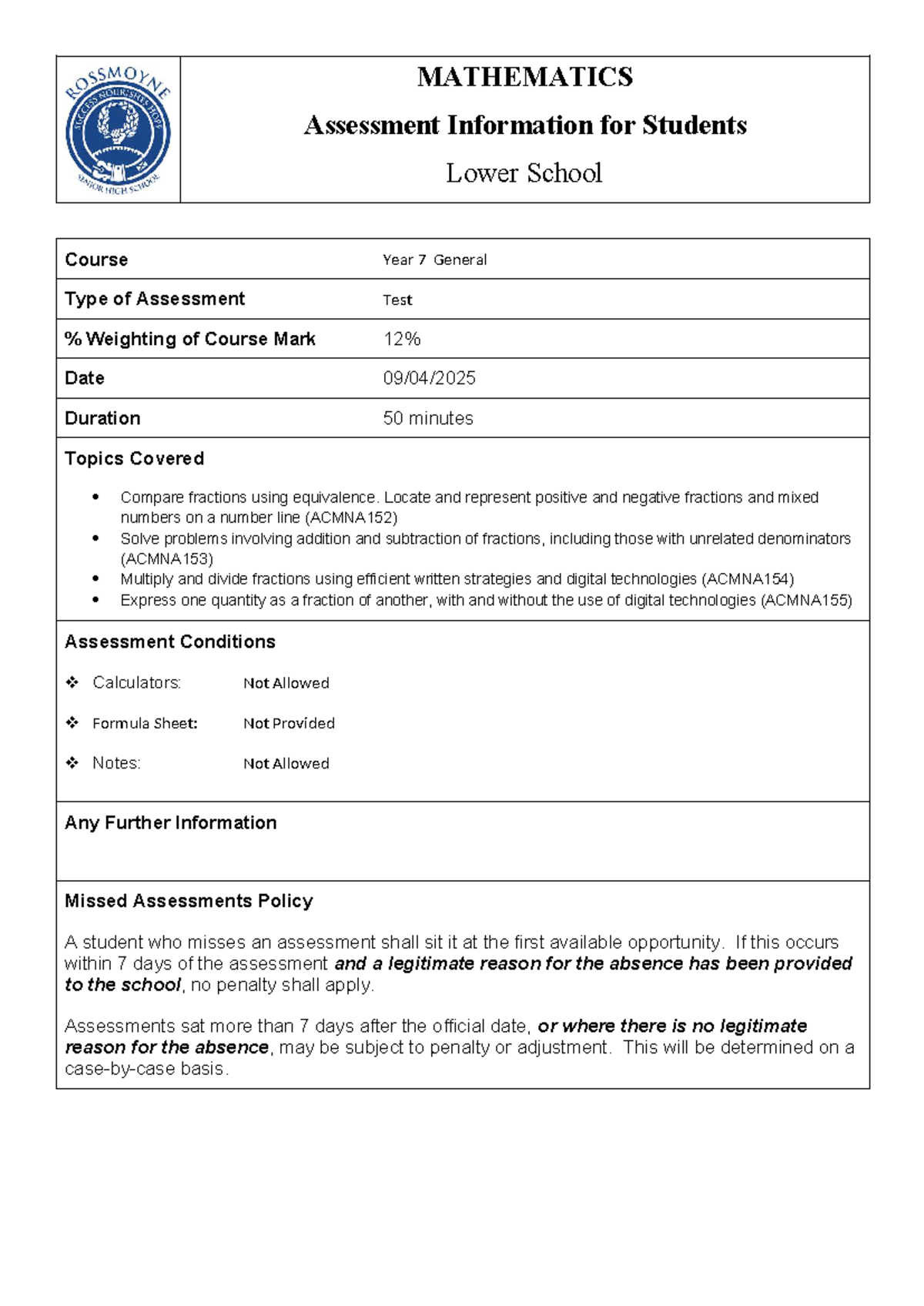 7MA 2025 Test 2 Assessment Info for Year 7 Students - Studocu
