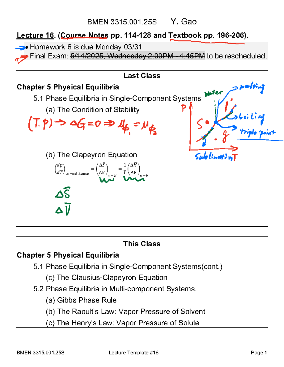 BMEN 3315.001 Lecture 16 Notes: Phase Equilibria Concepts - Studocu
