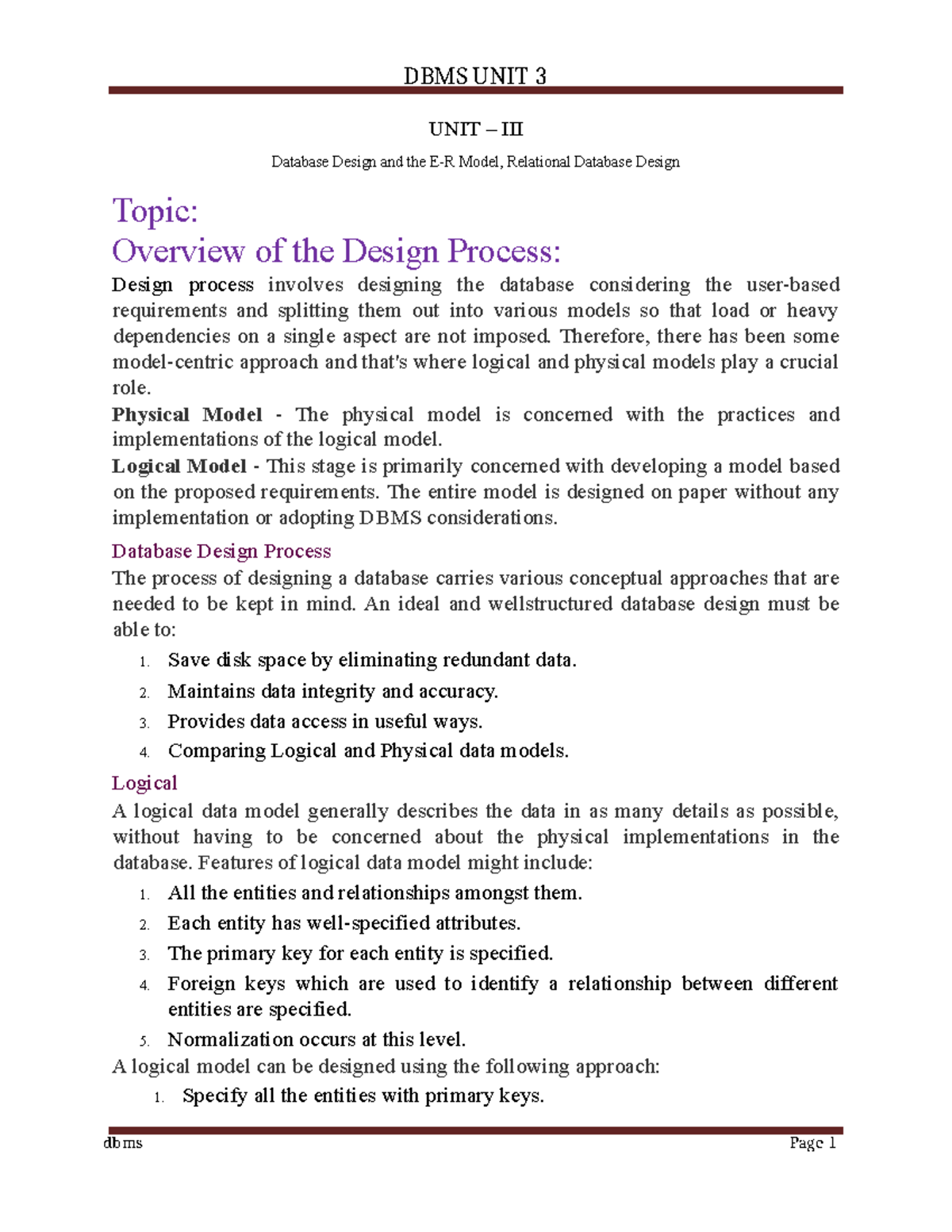 DBMS UNIT 3 - Database Design & E-R Model Notes for JNTUA Students ...