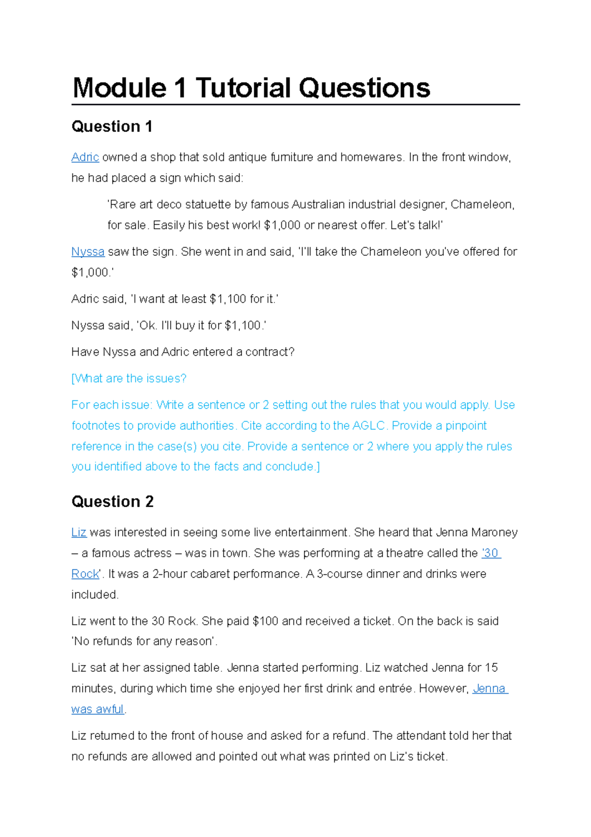 Module 1 Contract Law Tutorial Questions - Analysis and Issues - Studocu
