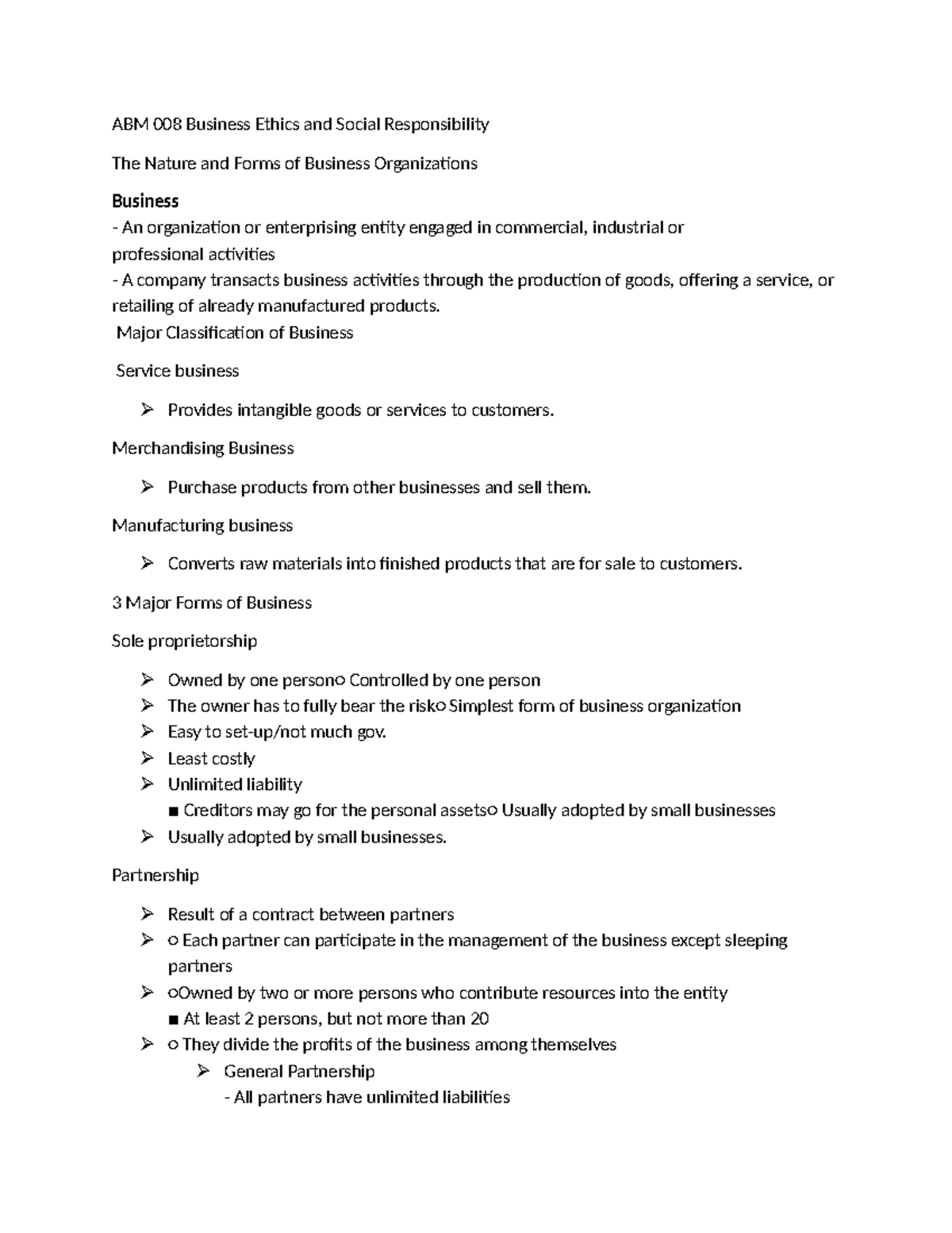 ABM 008 Business Ethics & Social Responsibility: Org Types & Roles ...