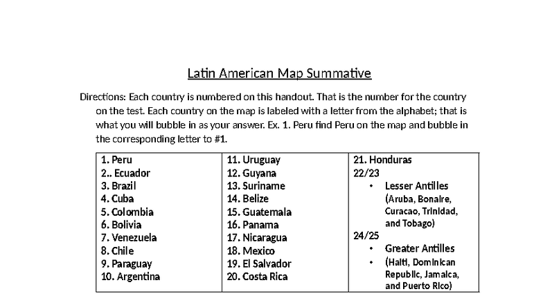 Latin American Map Test Directions: Country Numbering Guide - Studocu