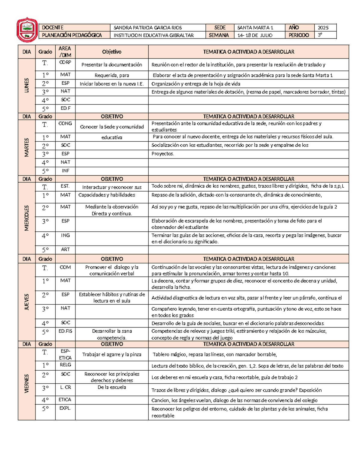 Plan de Clase Diaria: Semana del 15 al 19 de Julio 2025 - Studocu