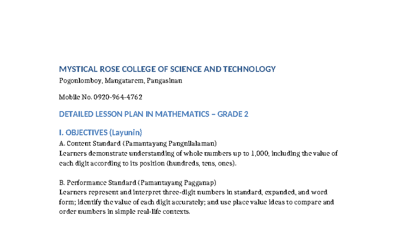 Detailed Lesson Plan in Mathematics G2: Place Value Concepts - Studocu