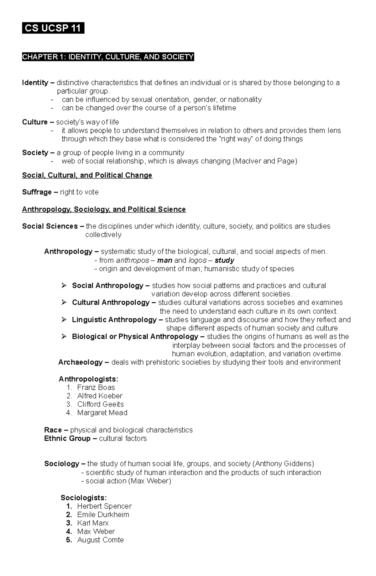 Lecture Notes on Culture, Society, and Politics | CS UCSP 11 - Studocu