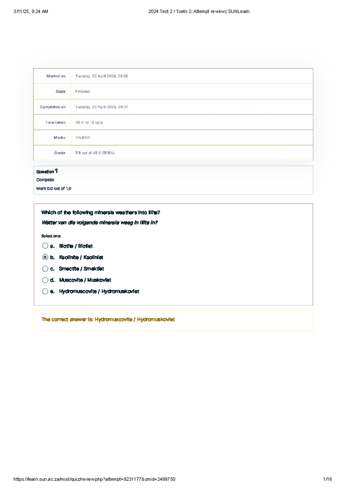 2024 Test 2 Toets 2 Attempt review SUNLearn - Question 1 Complete Mark ...