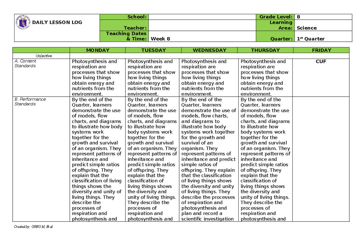 Science 8 Q1 Week 8 Lesson Log: Photosynthesis & Respiration - Studocu