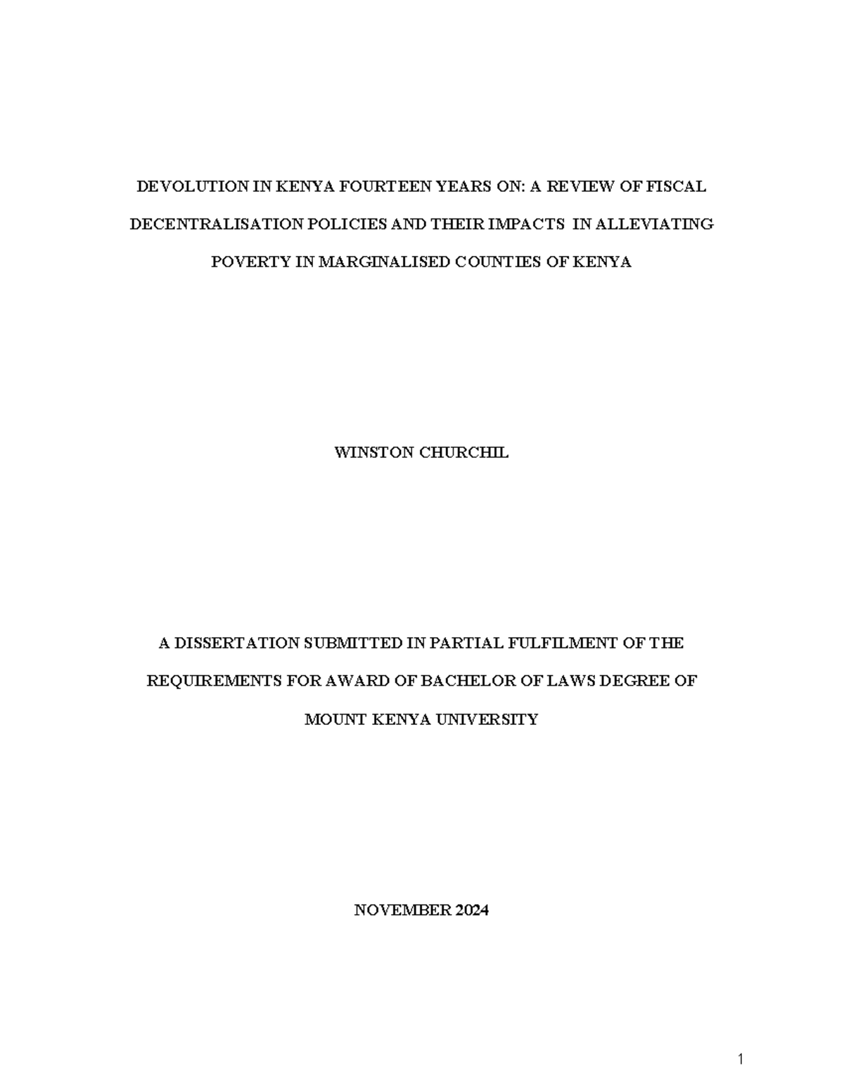 DEVOLUTION IN KENYA: FISCAL DECENTRALISATION & POVERTY ALLEVIATION (LLB ...