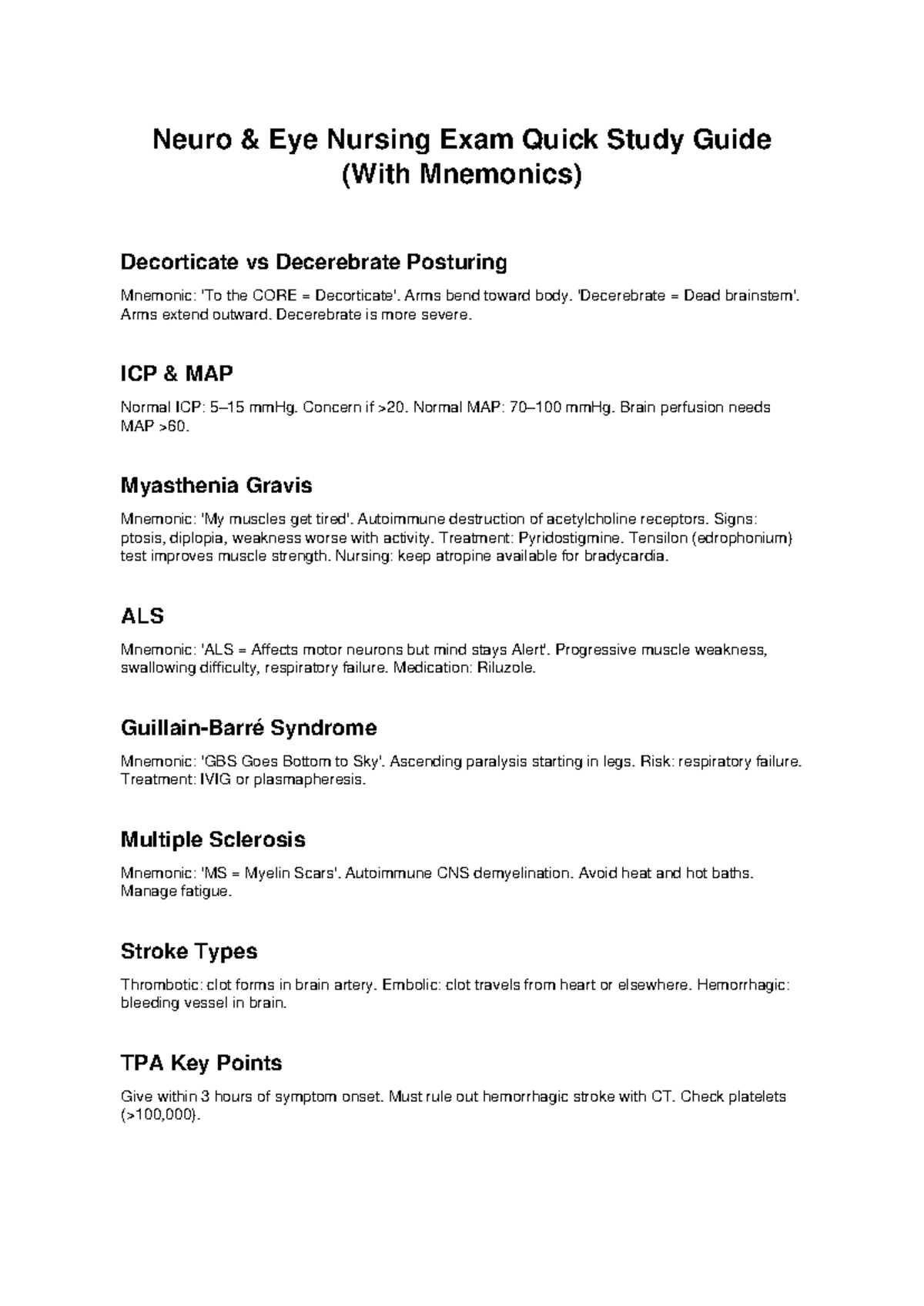 Neuro Eye Nursing Exam Study Guide: Key Mnemonics & Concepts - Studocu