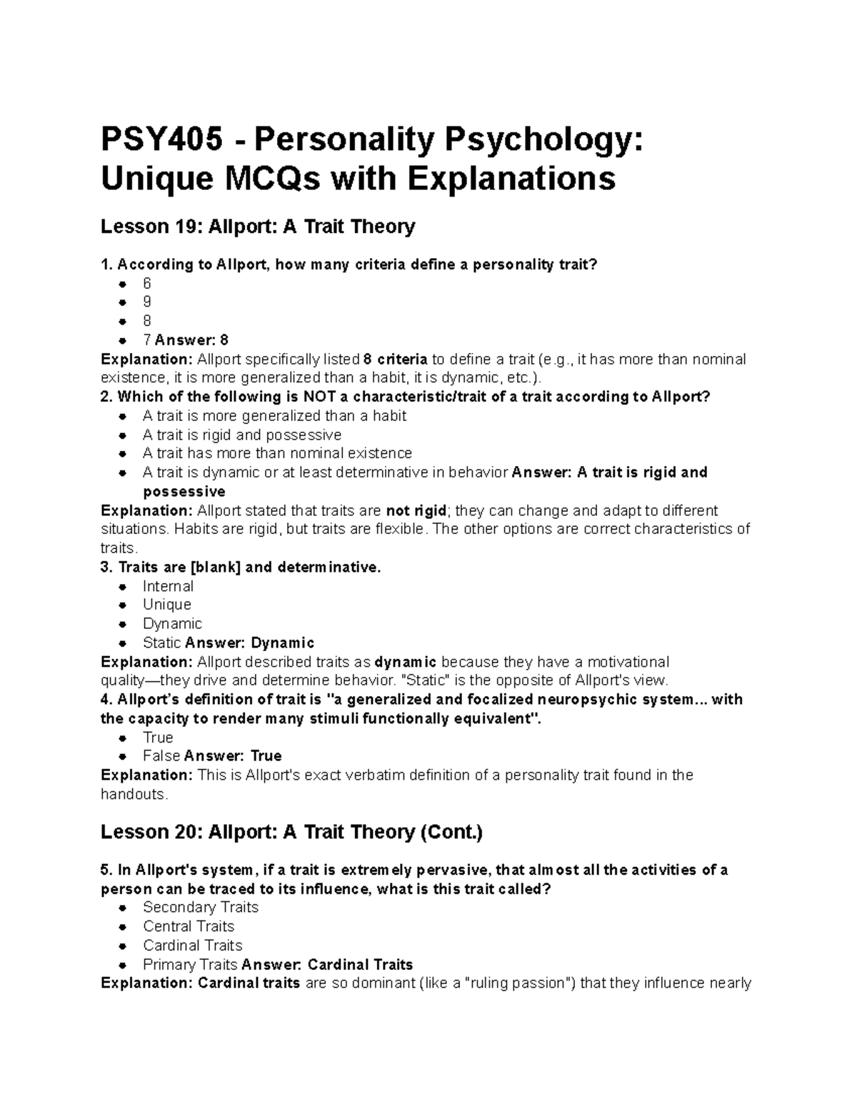 PSY405 Personality Psychology: MCQs with Explanations - Lessons 19-41 ...