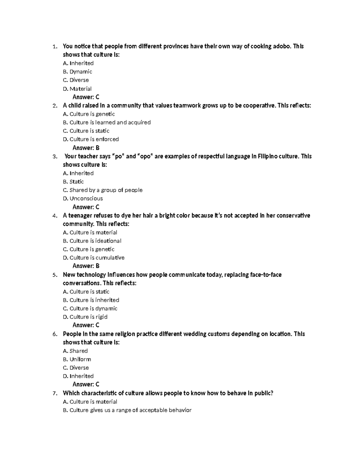 Culture Quiz - Understanding Diversity in Cultural Practices - Studocu