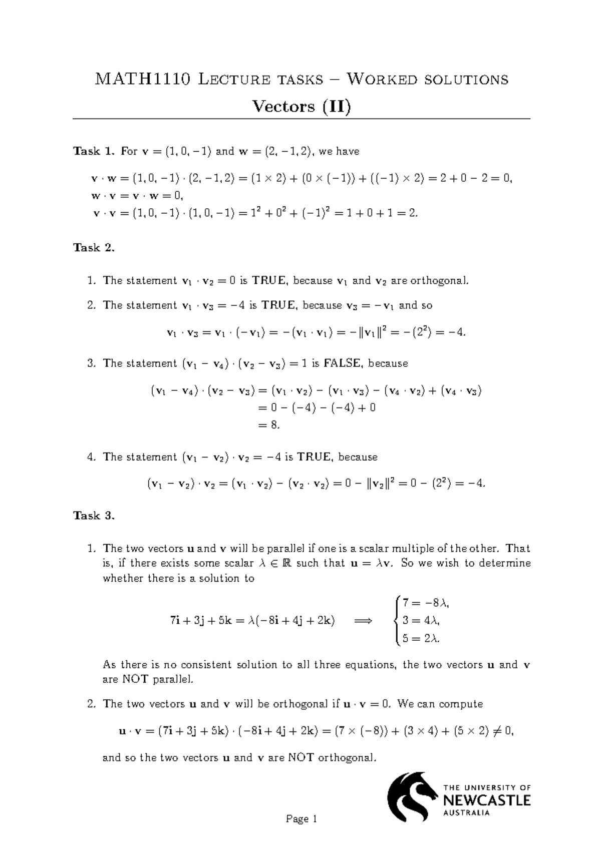 9. Vectors (II) - task solutions - MATH1110 Lecture tasks – Worked ...