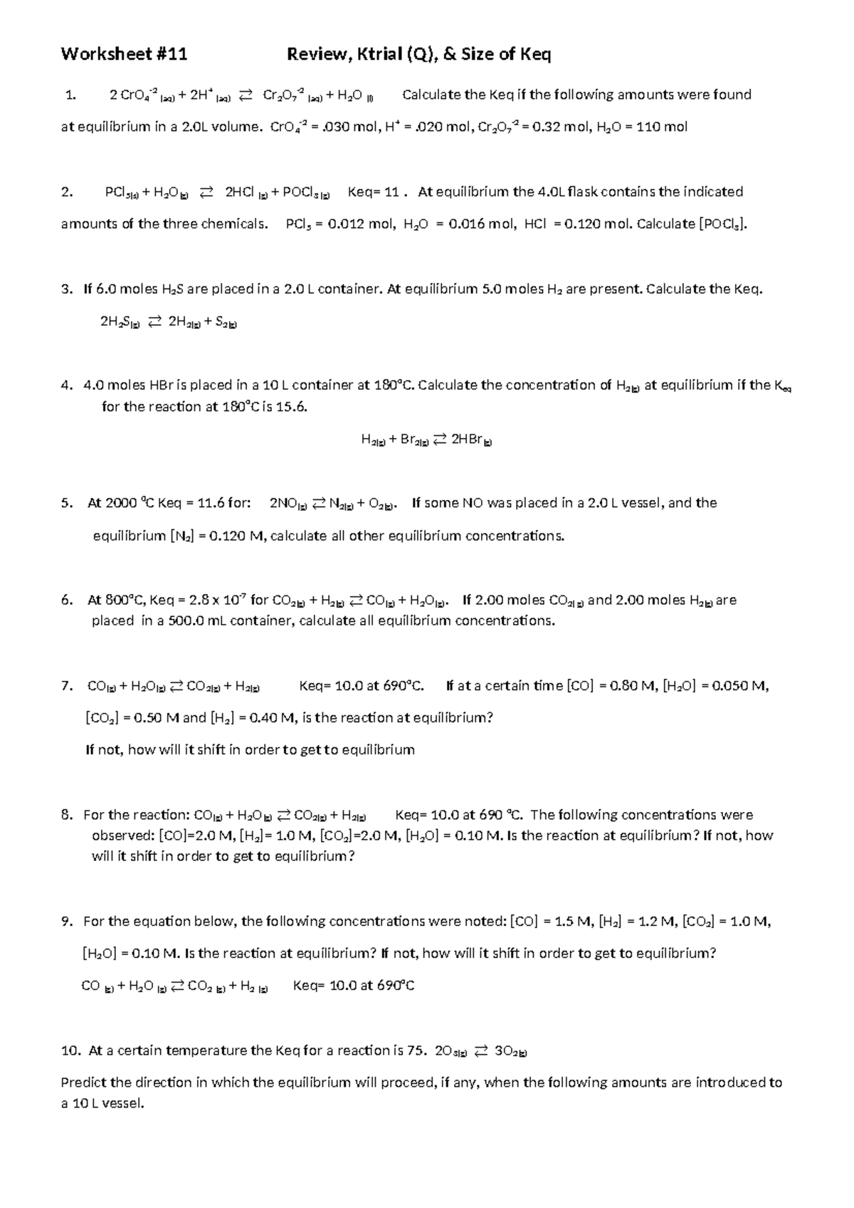 Equilibrium Review Worksheet: Calculating Keq and Q Values - Studocu