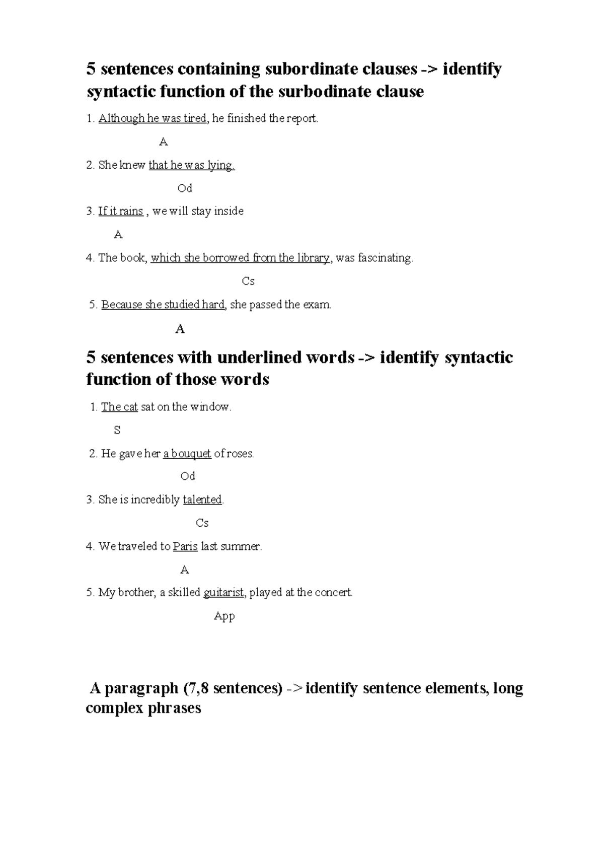 Np - Exercises on Subordinate Clauses & Sentence Structure - Studocu