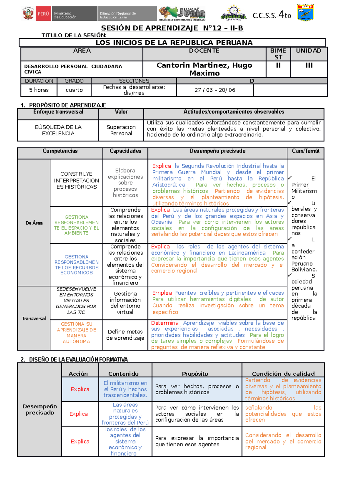 Los Inicios de la República Peruana - Resumen (Sesión Aprendizaje N°12 ...