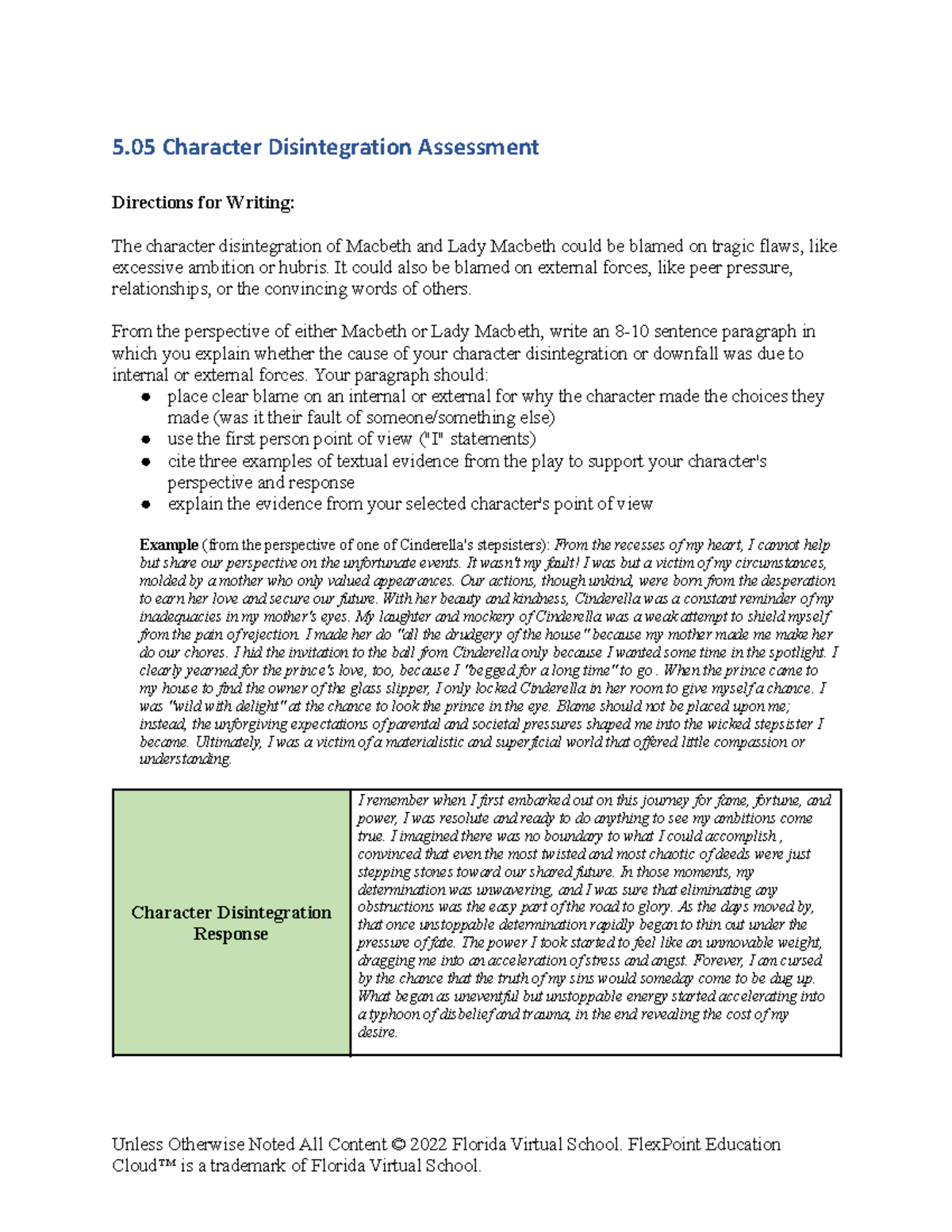 Copy of 5.05 Character Disintegration Assessment & Rubric - 5 Character ...