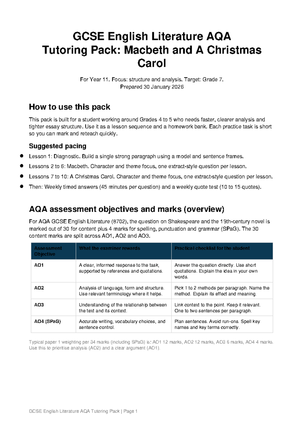 GCSE AQA English Literature Tutoring Pack: Macbeth & A Christmas Carol ...