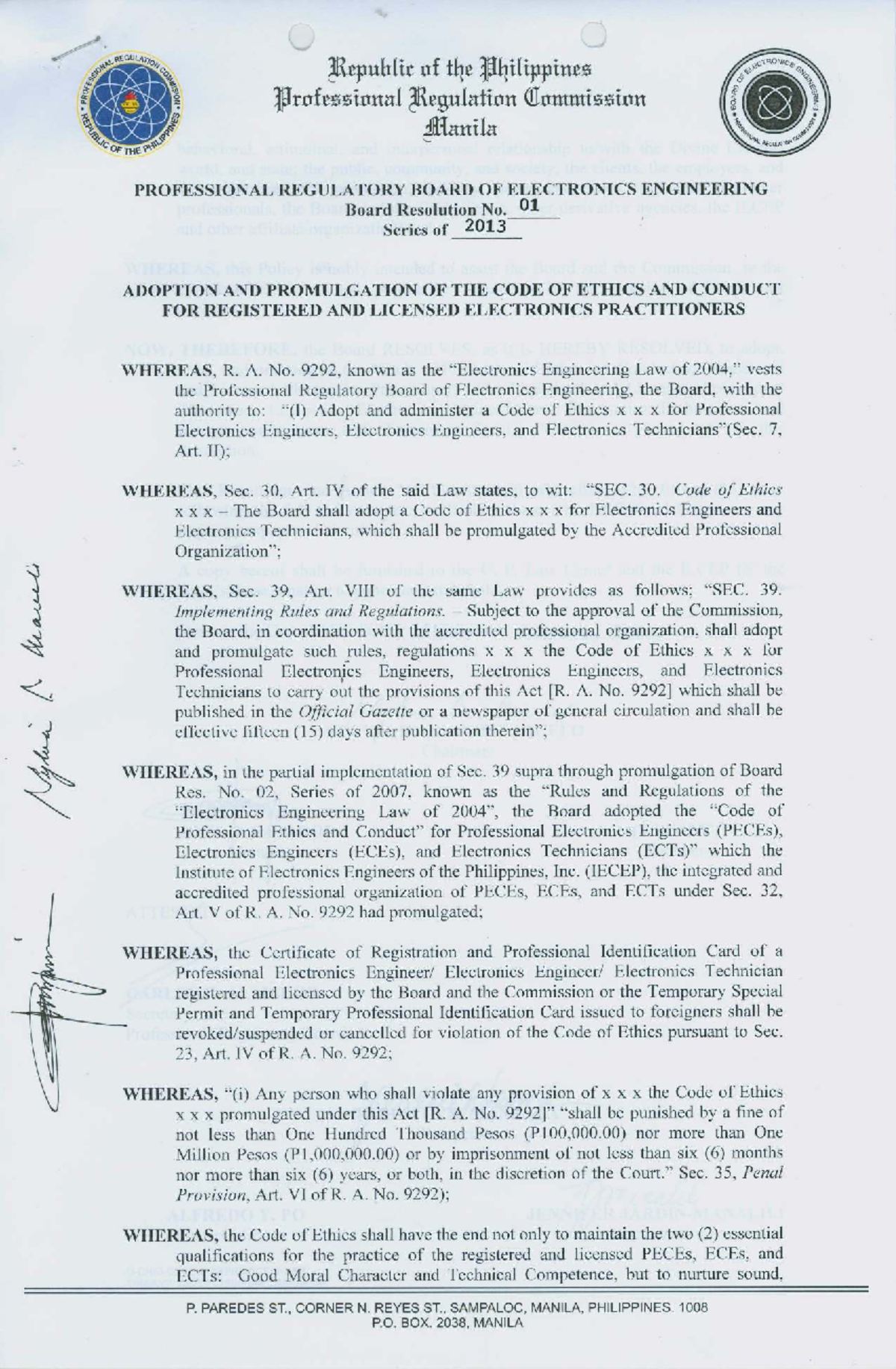 Code of Ethics and Conduct for Electronics Practitioners (R.A. 9292 ...