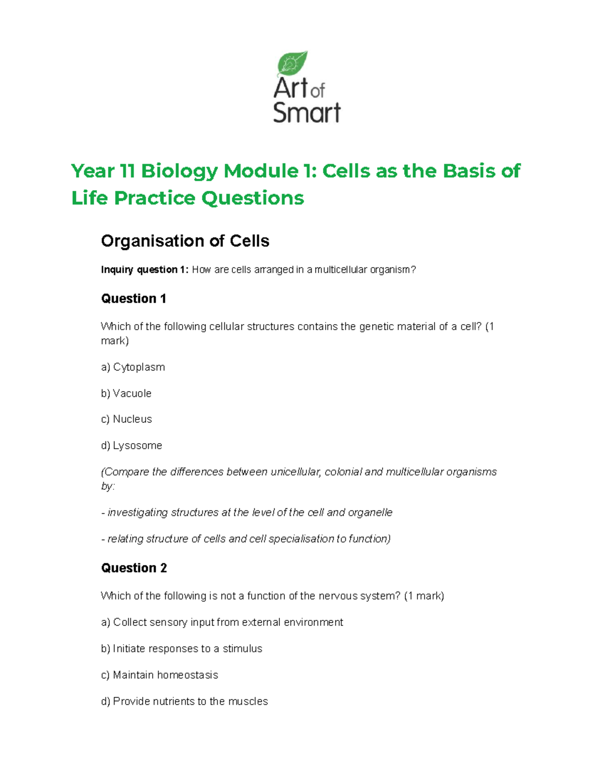 Year 11 Biology Module 1: Cells & Transport Systems Practice Questions ...