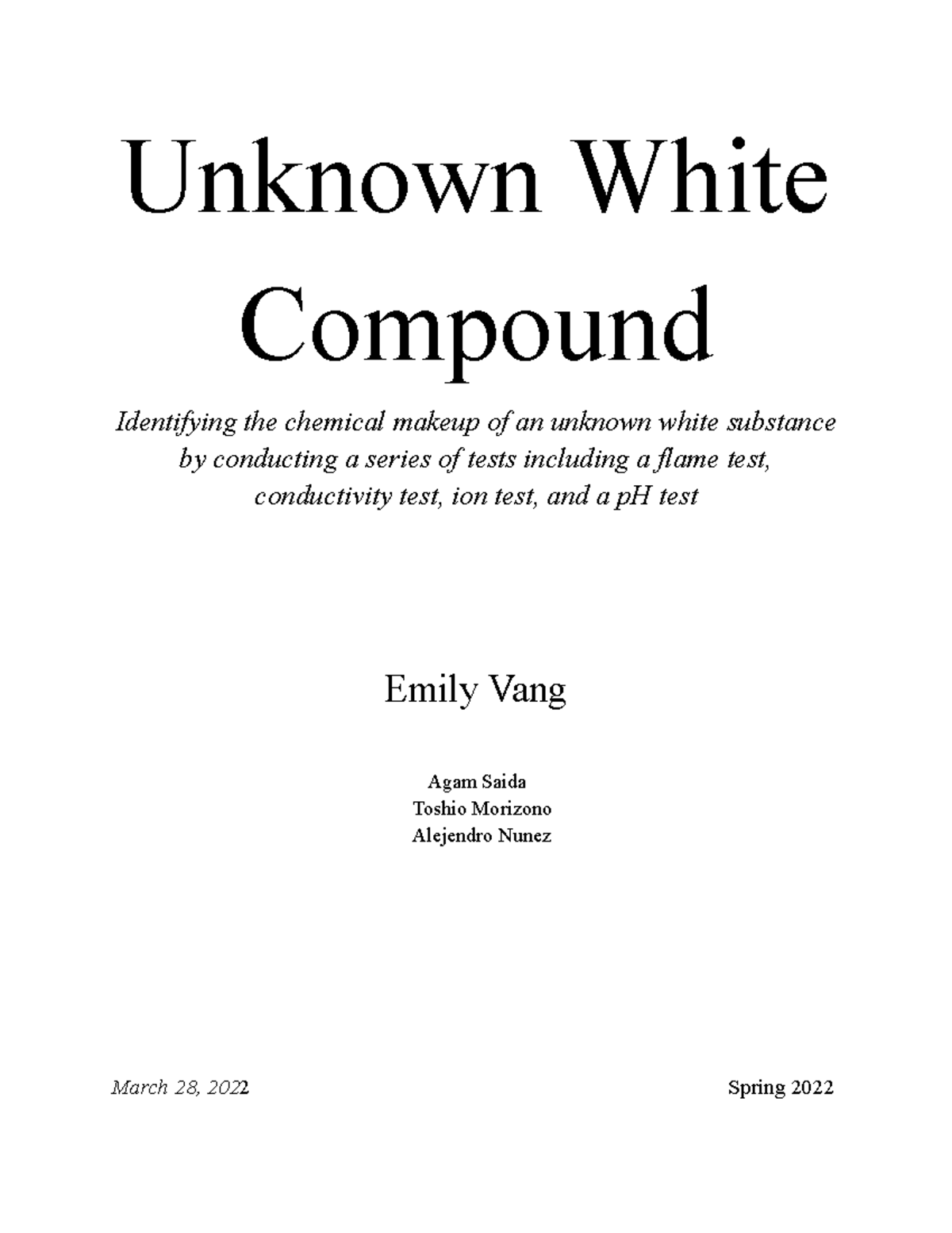 Lab Report: Identification of Unknown White Compound in Chemistry - Studocu