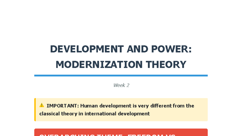Development and Power: Modernization Theory - Week 2 Study Notes - Studocu
