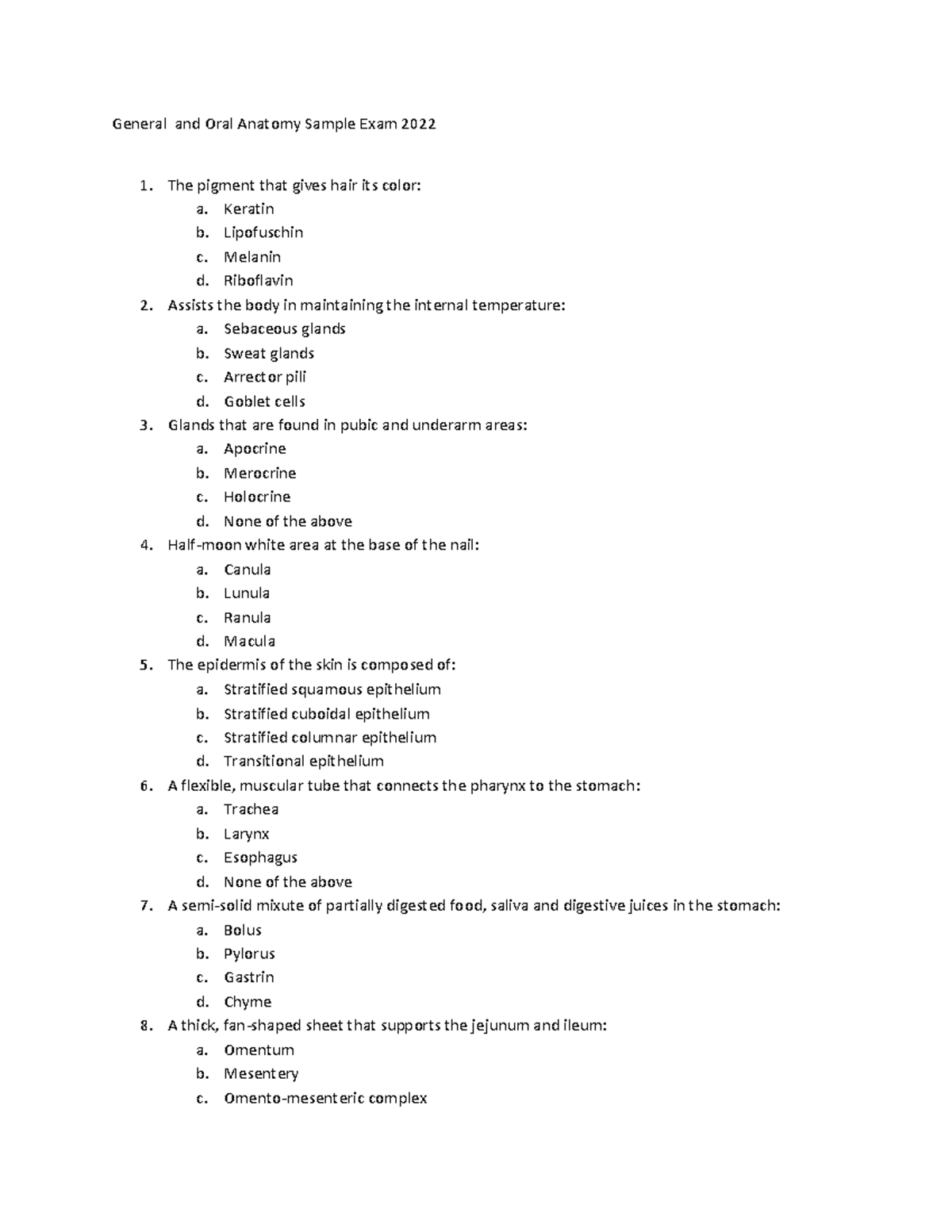 General and Oral Anatomy Sample Exam Questions 2022 - Studocu