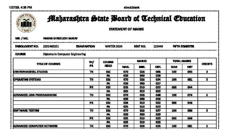 DFYS 2104-MSBTE Marksheet for Fifth Semester - Winter 2024 - Studocu