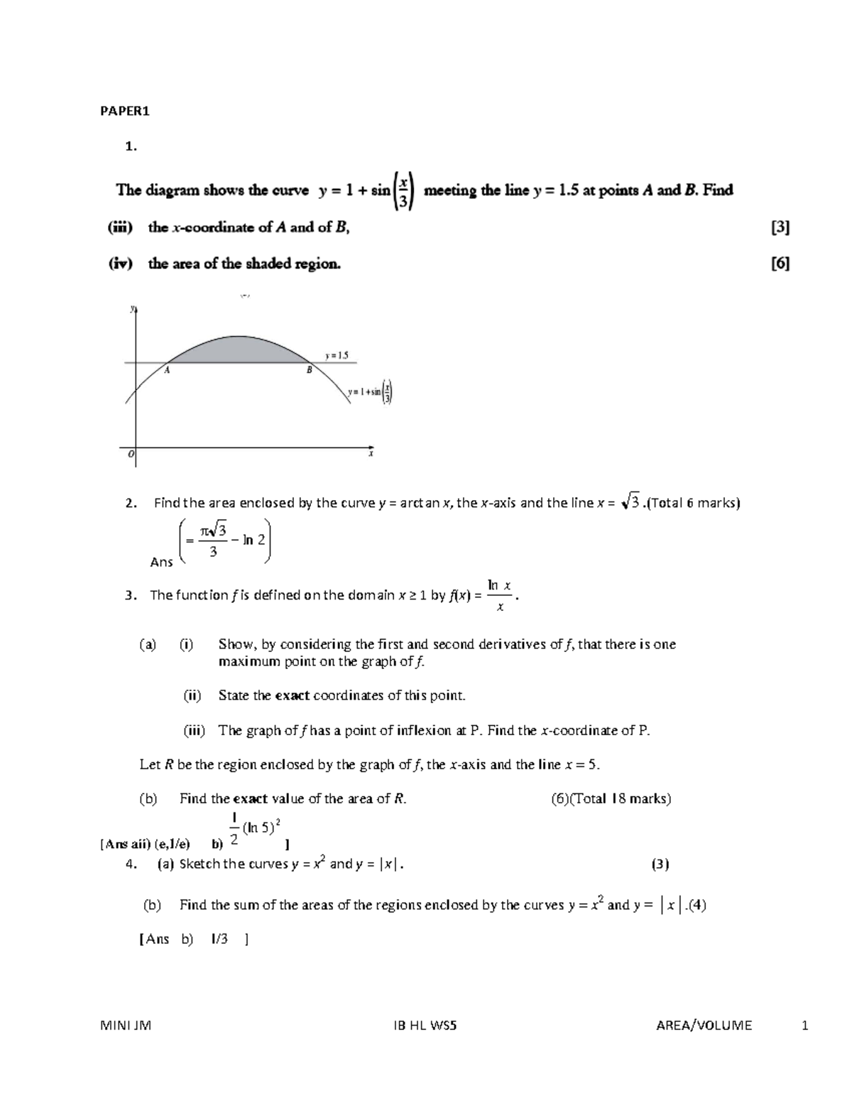 Area and Volume Calculations in Mathematics (MINI JM IB HL WS5) - Studocu