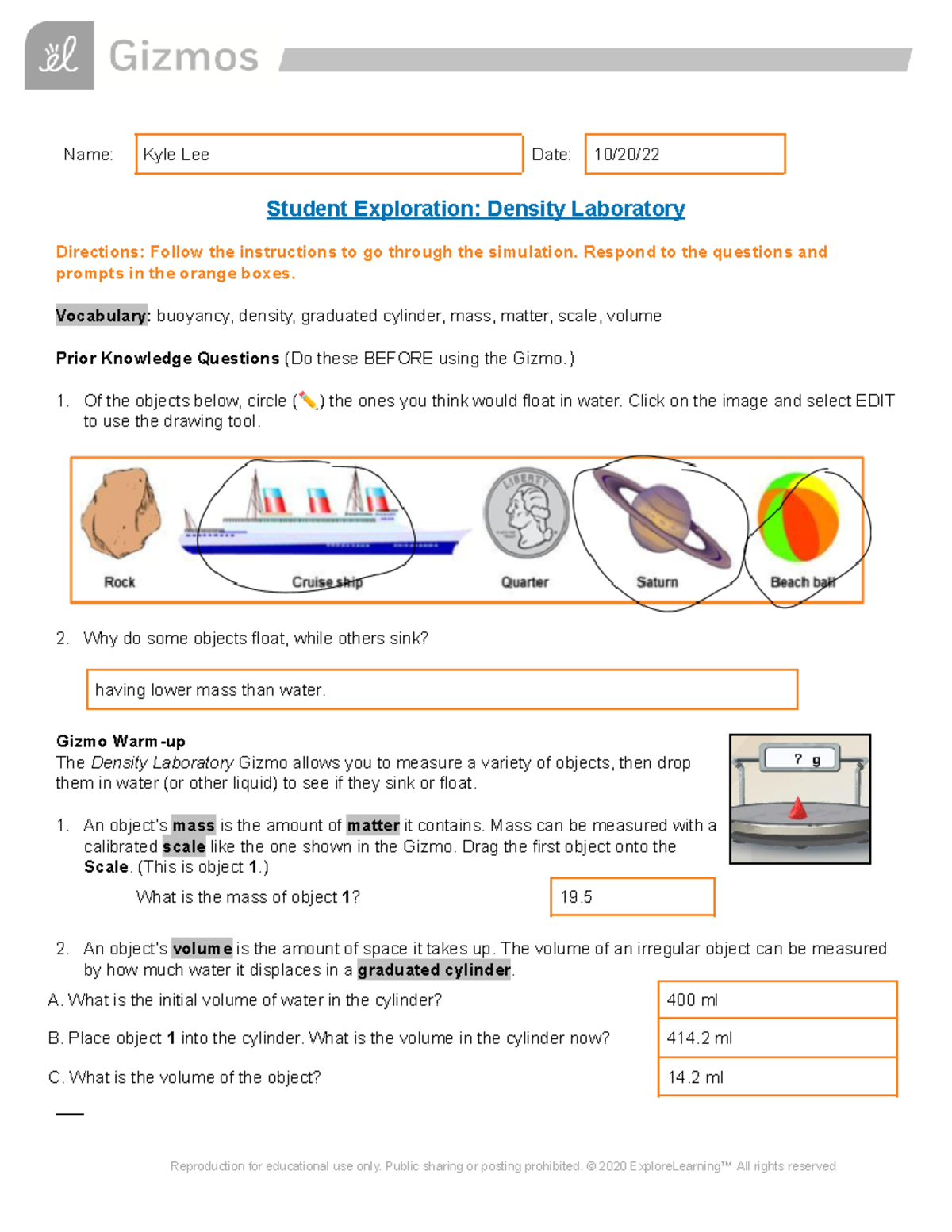 Density Lab Exploration: Gizmos Activity with Archimedes Insights - Studocu