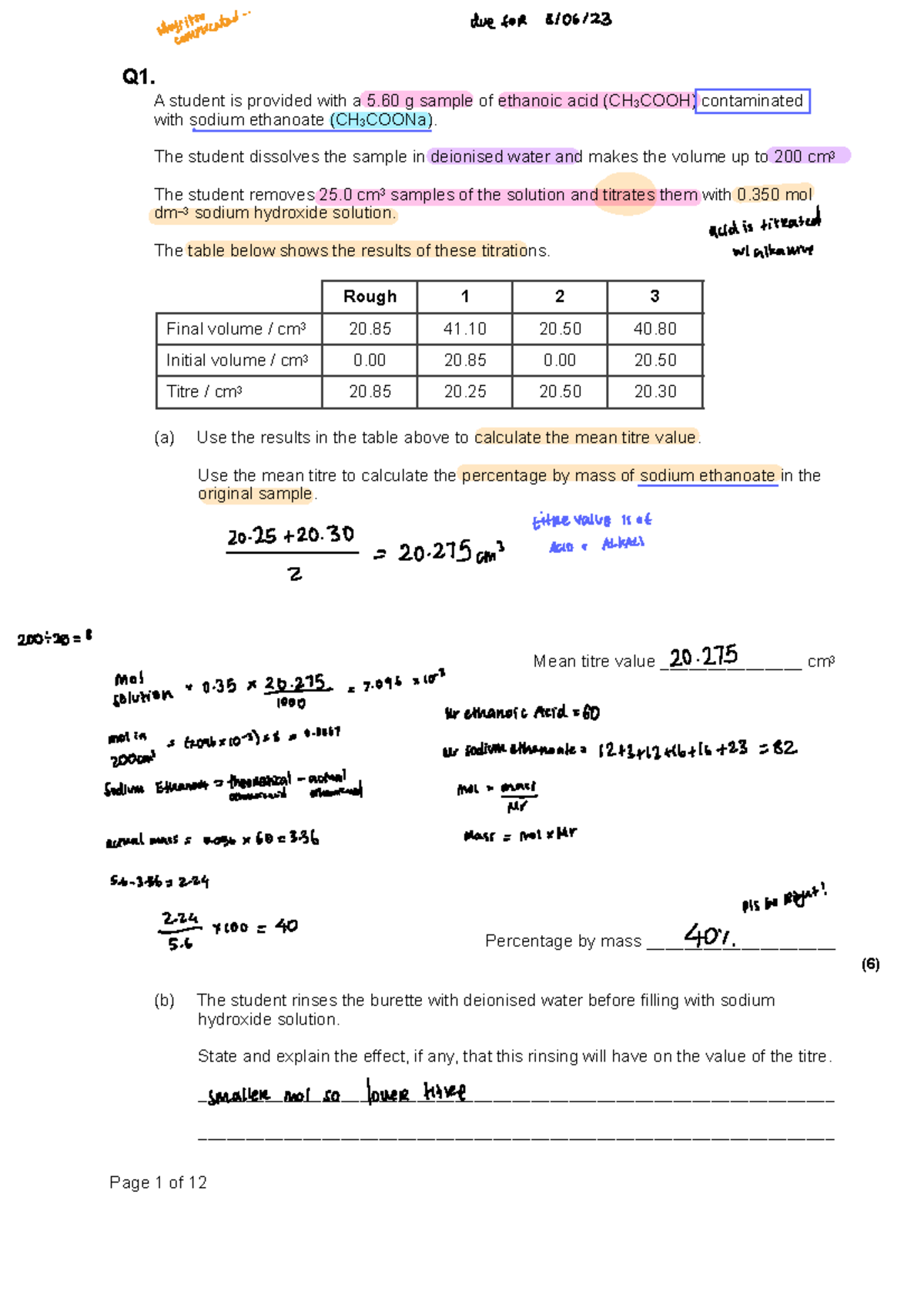 Tutorial 1 Calculations for Summer 2023 Chemistry Course 8106 - Studocu