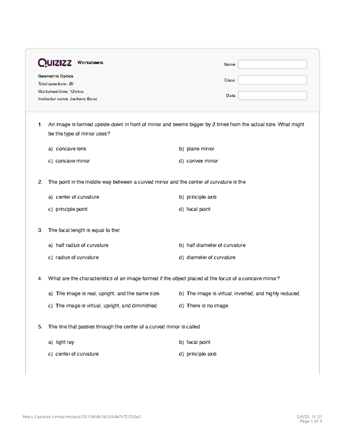 Geometric Optics Quizizz - Part 2 (Class Worksheet) - Studocu