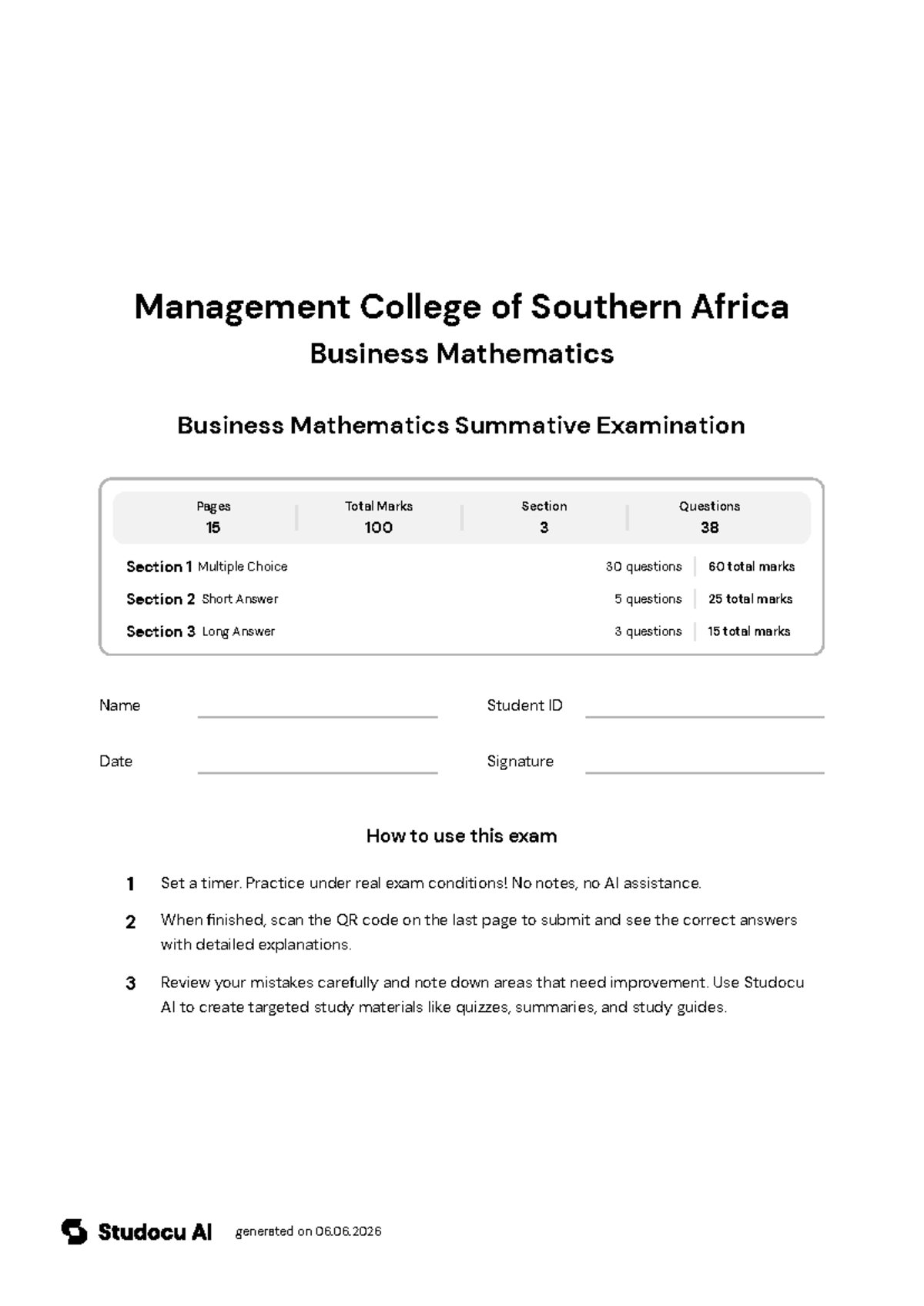 Business Mathematics Summative Examination - Studocu