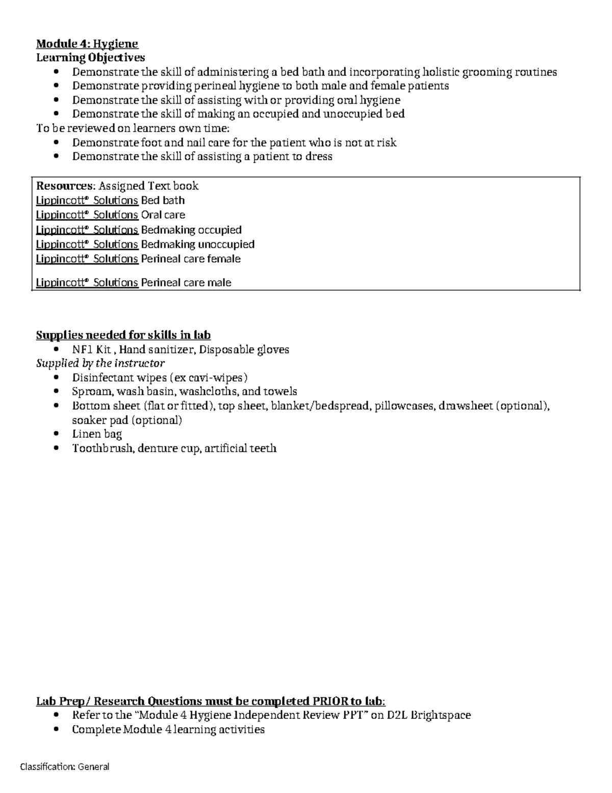 Module 4: Lab Prep Sheet for Hygiene Skills and Procedures - Studocu