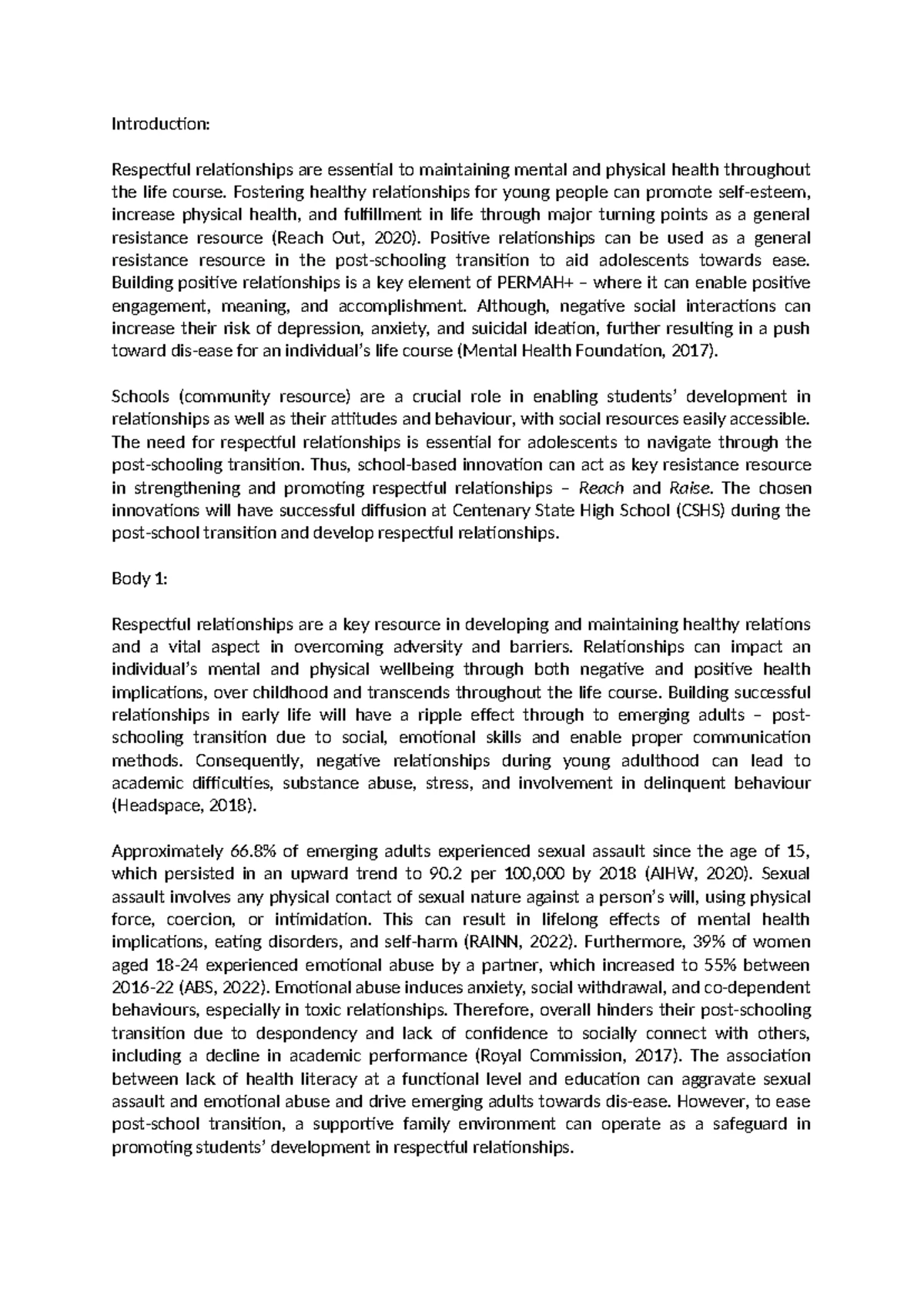 Health IA3 - Relationships - Introduction: Respectful relationships are ...