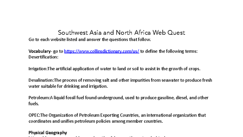 SWANA Geography Web Quest: Key Terms & Insights - Studocu
