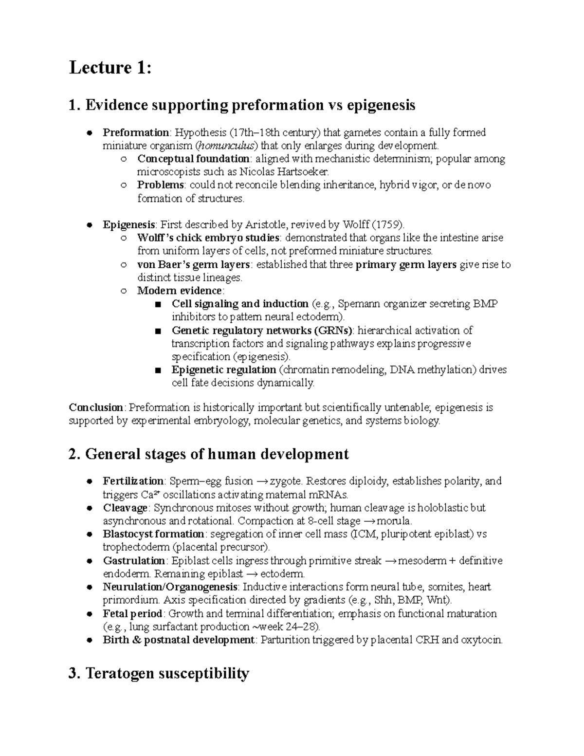 Bio 325 e1 Study Guide: Preformation vs Epigenesis and Human ...