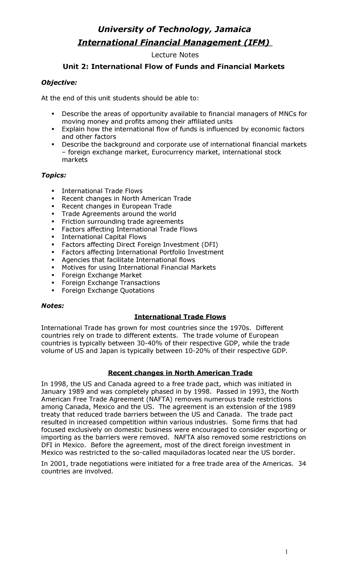 IFM Lecture Notes - Unit 2: Int'l Flow of Funds & Financial Markets ...