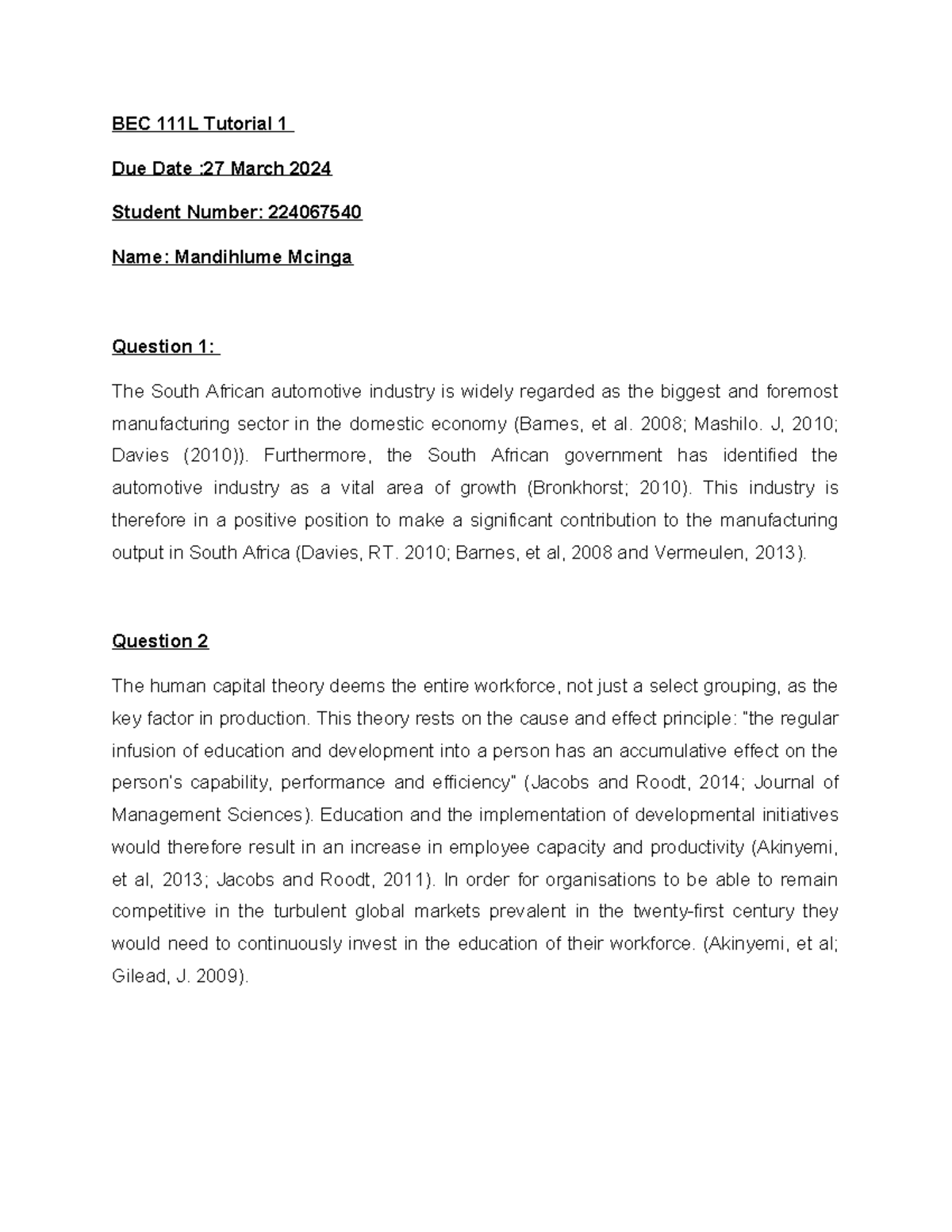 BEC 111L Tutorial 1: Insights on Auto Industry and Human Capital Theory ...