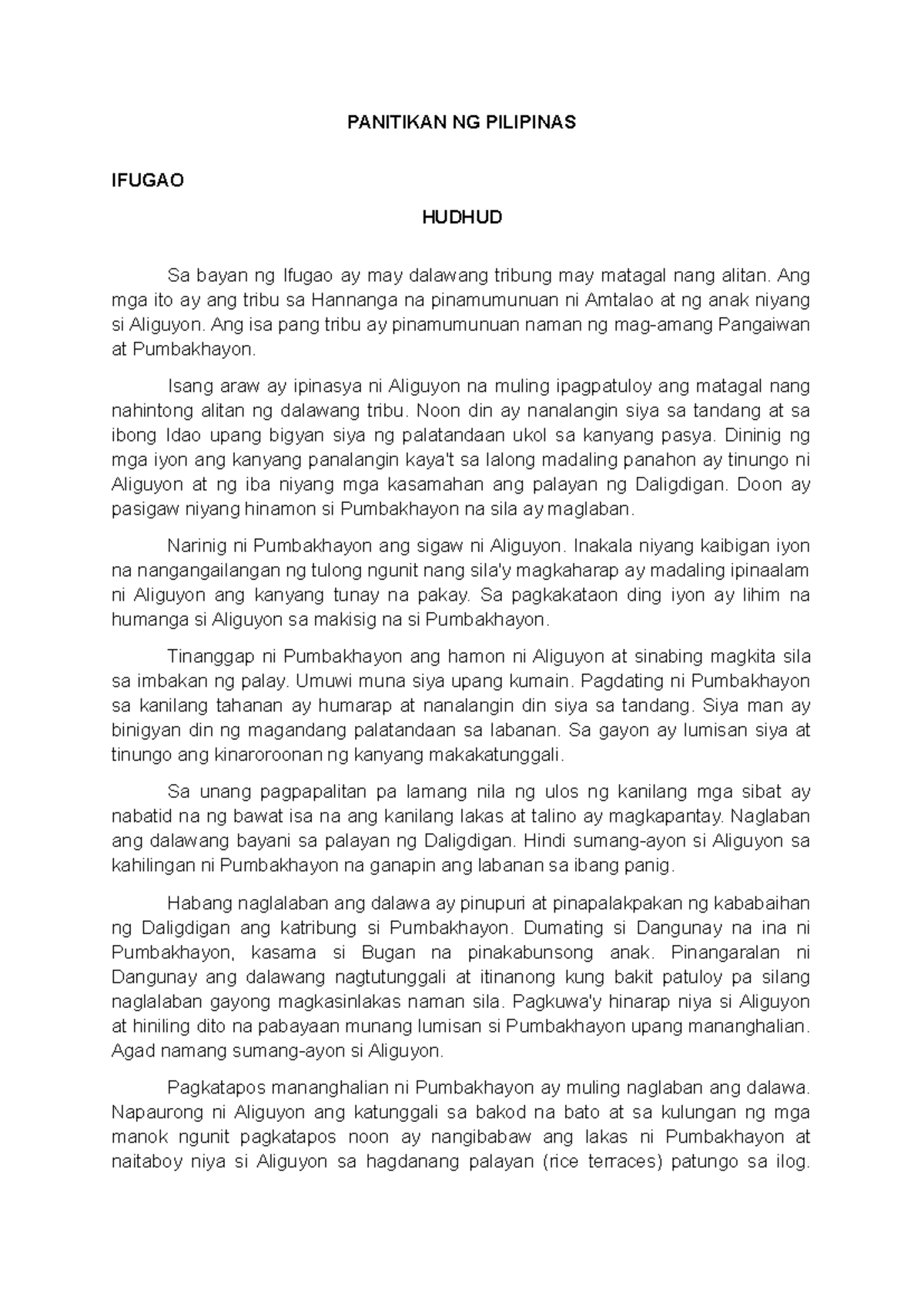 Hudhud ni Aliguyon: Isang Pagsusuri sa Panitikan ng Ifugao - Studocu