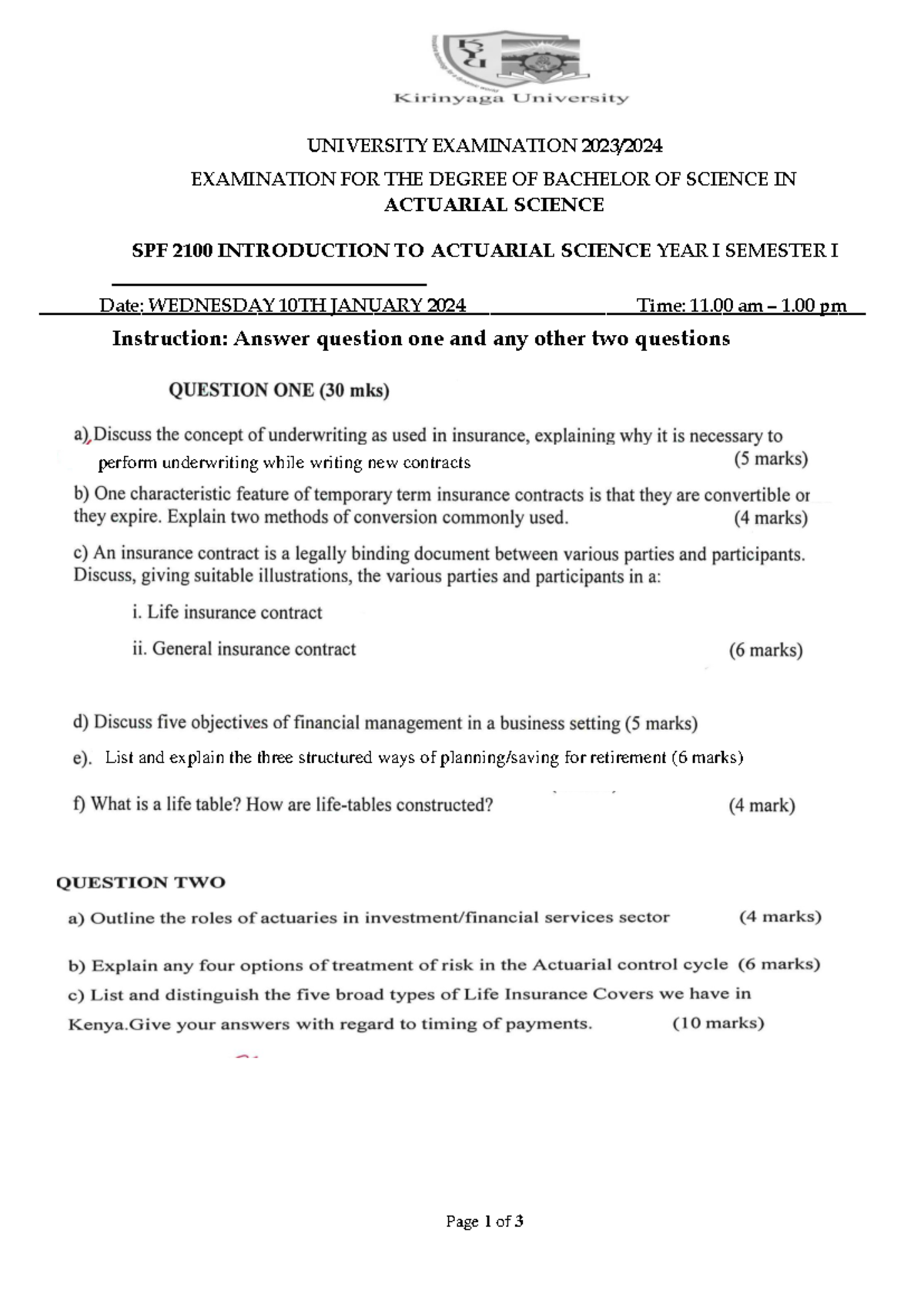 SPF 2100 Midterm Exam in Introduction to Actuarial Science 2024 - Studocu