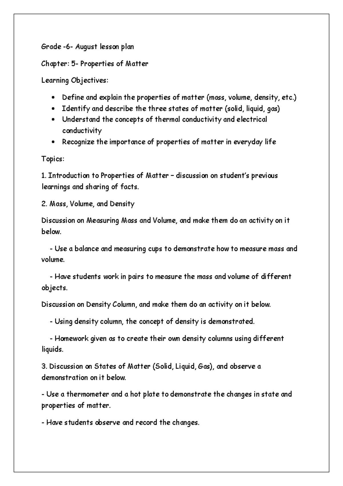 Grade 5 Lesson Plan: Properties of Matter Overview - Studocu