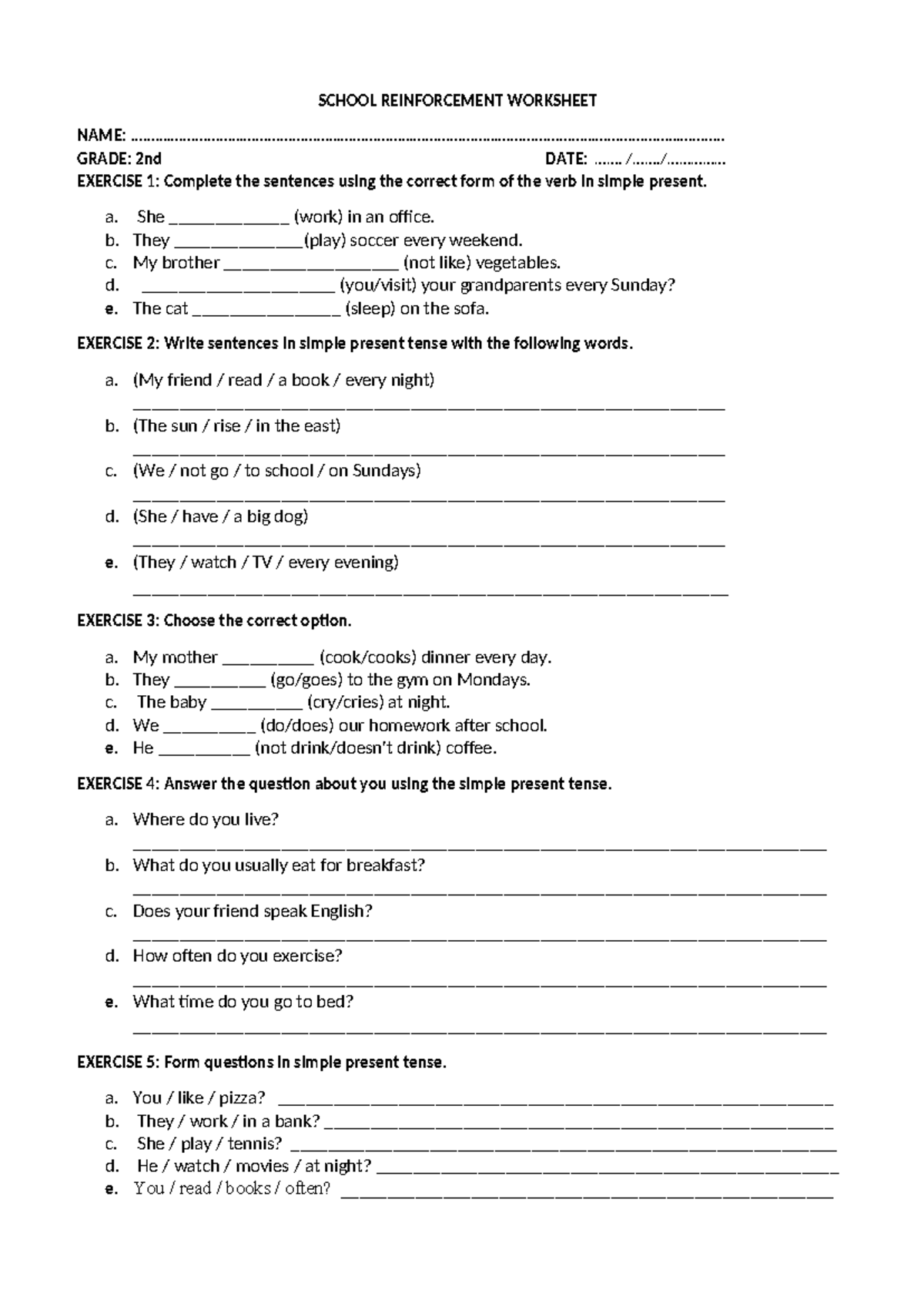 English Worksheet 2nd Grade: Simple Present Exercises - Studocu