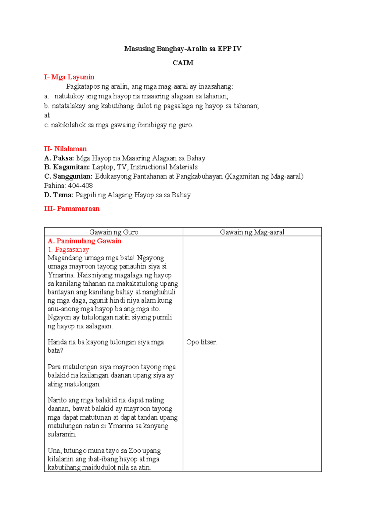 Masusing Banghay Aralin sa EPP IV: Mga Hayop na Alagaan sa Bahay - Studocu