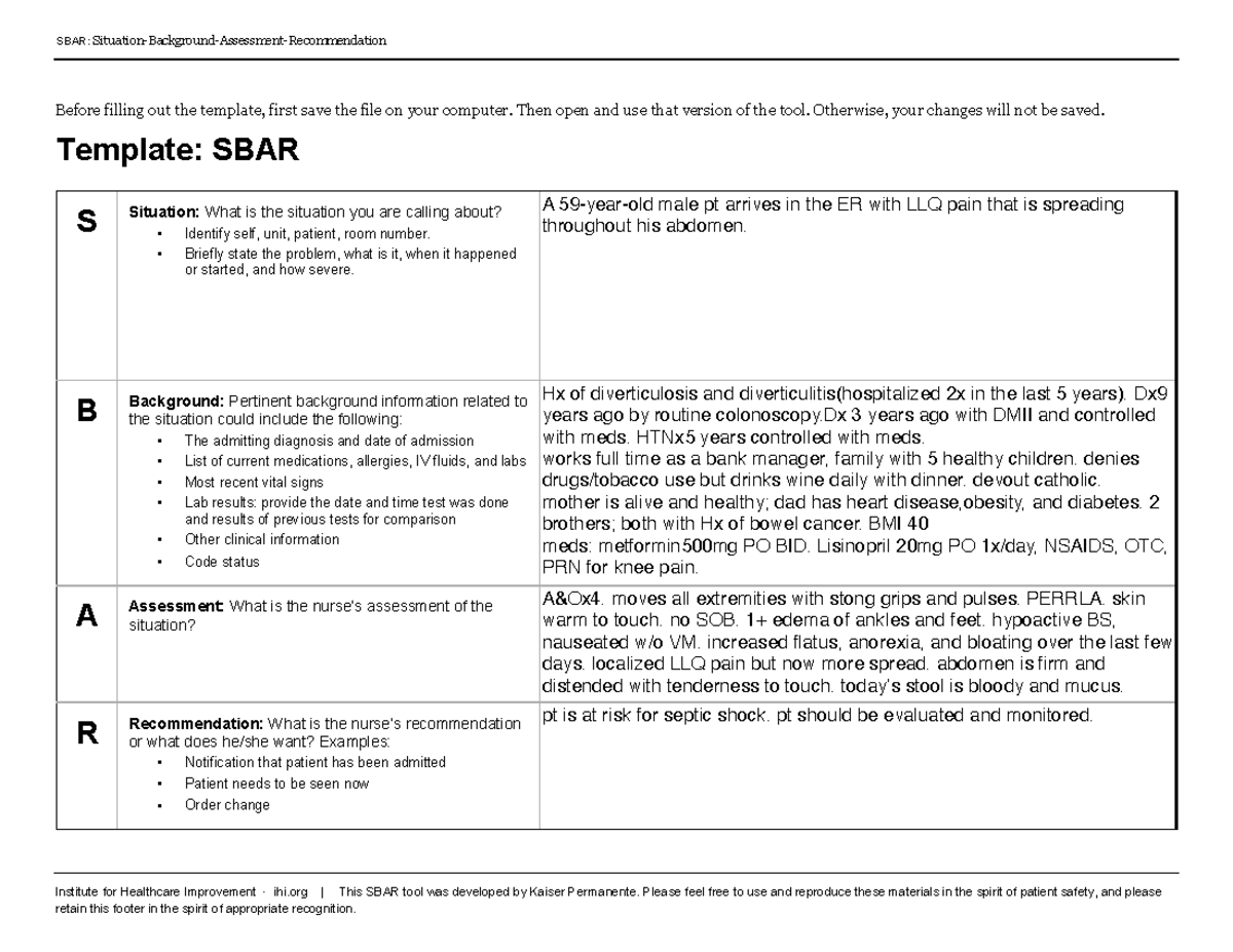 SBAR Tool: Situation-Background-Assessment-Recommendation Guide - Studocu