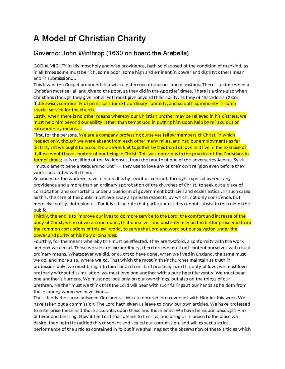 A Model of Christian Charity: Winthrop's Vision (1630) - Studocu