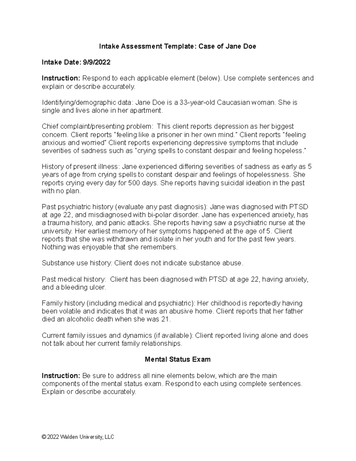 Wk. 2 Assignment: Intake Assessment Template for Case of Jane Doe - Studocu
