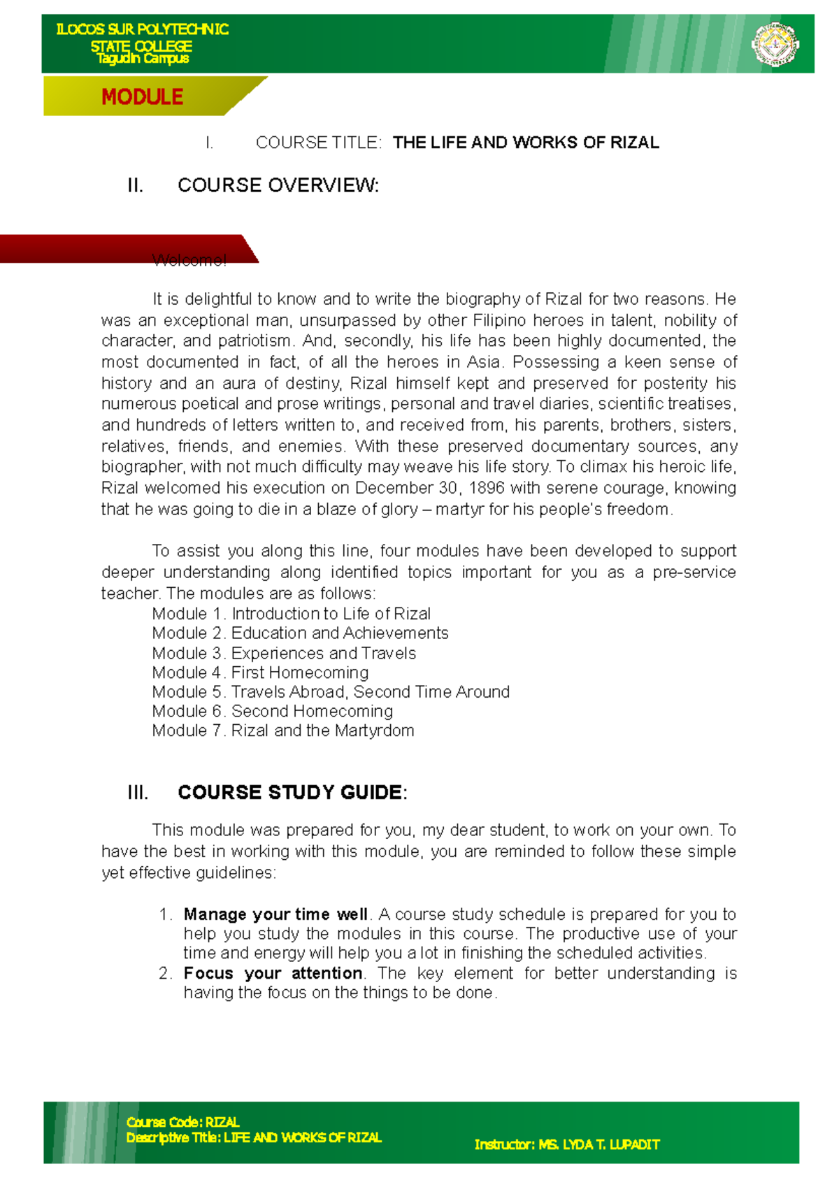 Rizal- Midterm- Module - I. COURSE TITLE: THE LIFE AND WORKS OF RIZAL ...