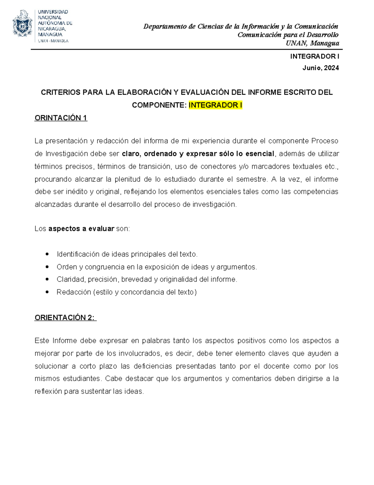 Guía de Evaluación del Informe: Componente Integrador I (Junio 2024 ...